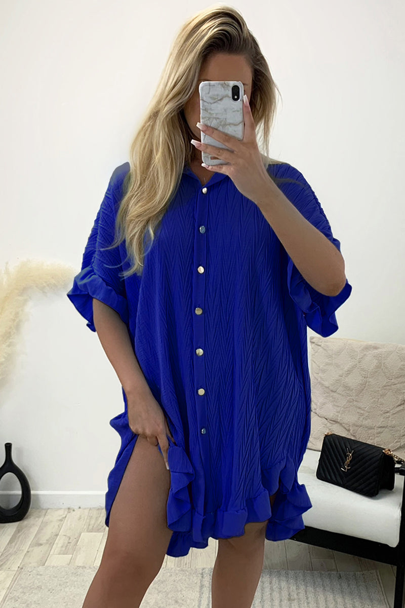 Macie Royal Blue Textured Frill Hem Button Up Shirt Dress – LASULA