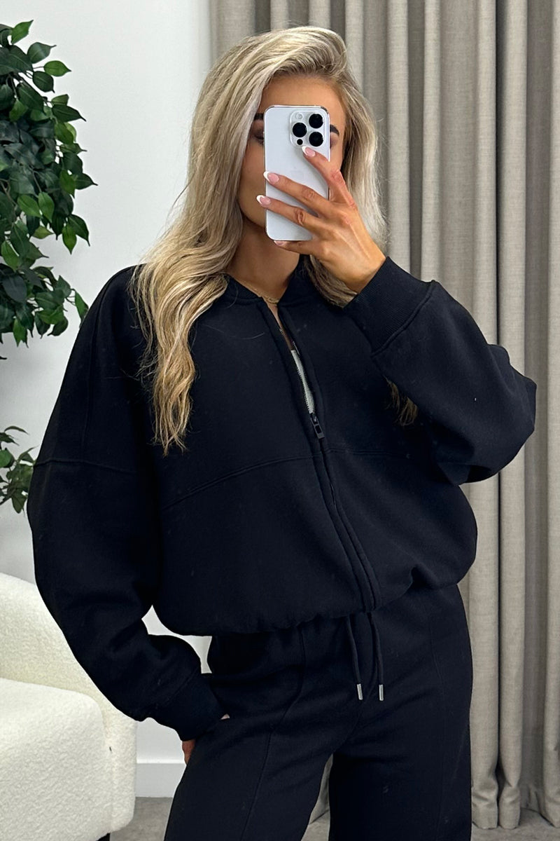 Emellie Black Seam Front Zip Up Bomber Jacket and Joggers Tracksuit Se ...