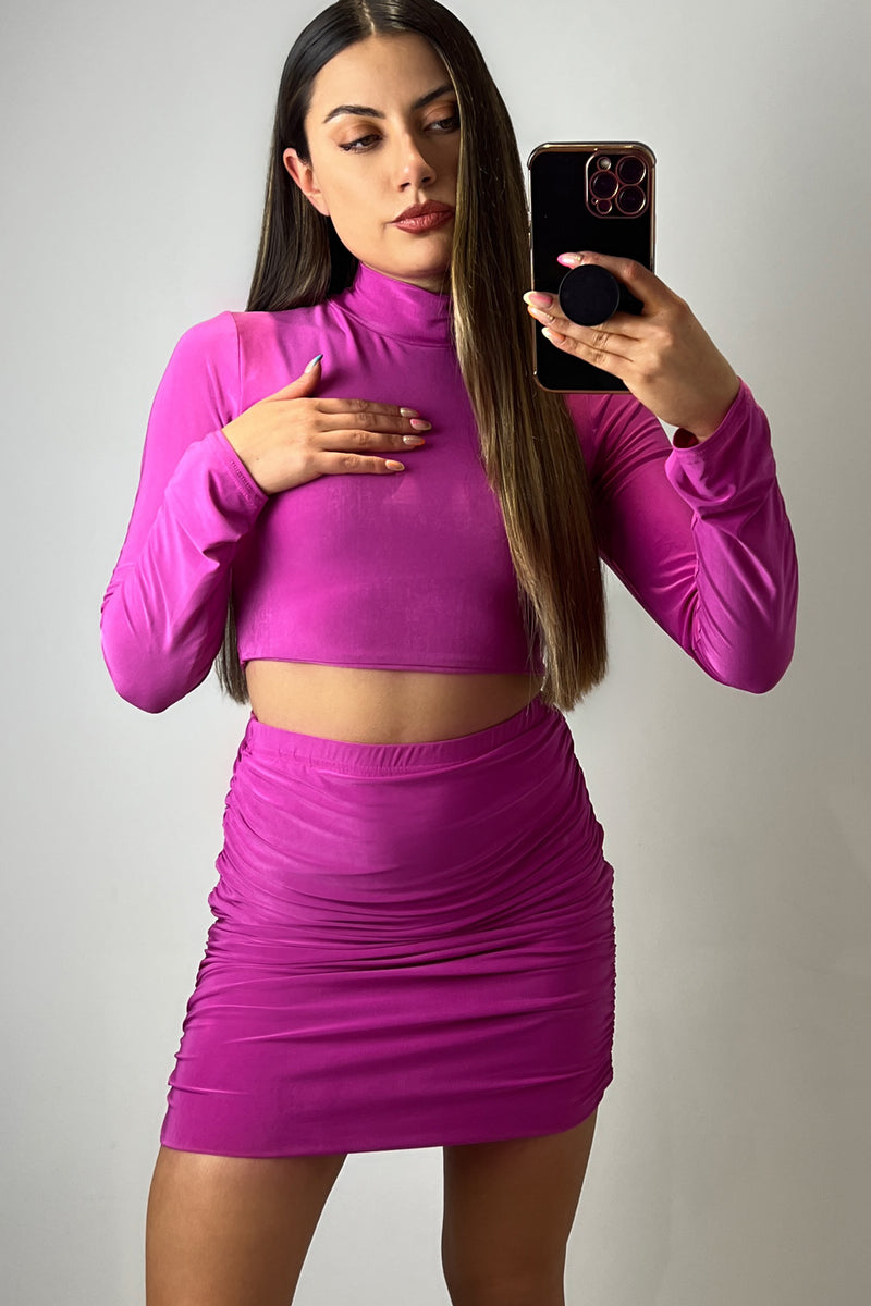 Charlie Fuchsia High Neck Crop Top and Ruched Mini Skirt Co-Ord Set ...