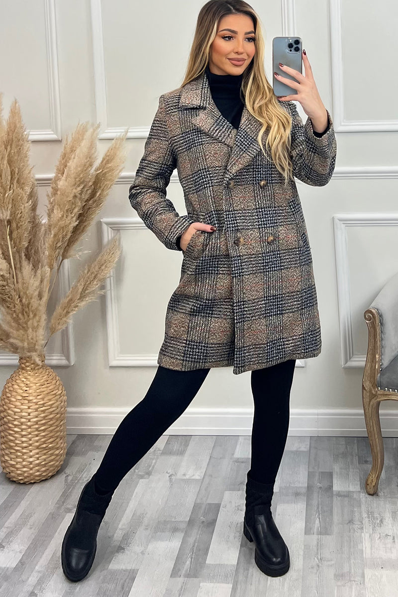 Alicia Brown Check Faux Wool Double Breasted Longline Coat – LASULA
