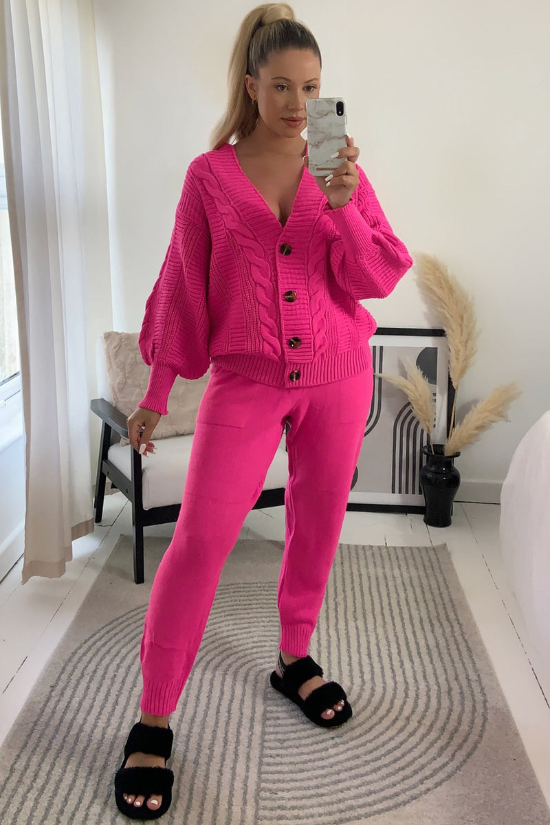 Steph Hot Pink Cable Knit Cardigan and Joggers Co-Ord Set – LASULA